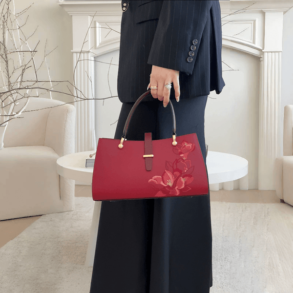 Luxury Artisan Red Magnolia Embroidered Leather Handbag - Gift for Her