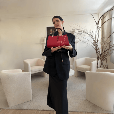 Luxury Artisan Red Magnolia Embroidered Leather Handbag - Gift for Her
