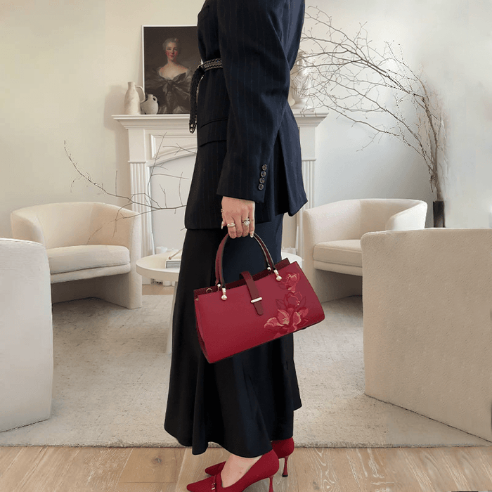 Luxury Artisan Red Magnolia Embroidered Leather Handbag - Gift for Her