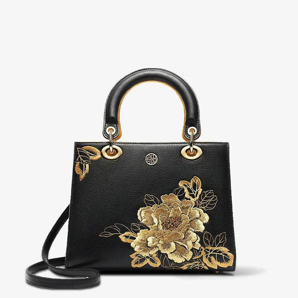 Black Leather Statement Bag: Gold Peony Art Embroidery | Luxury Gift