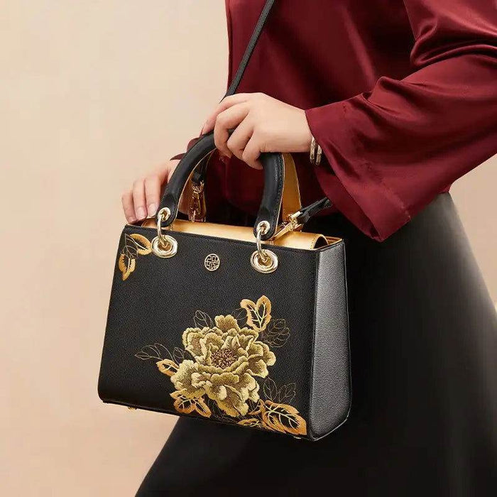 Black Leather Statement Bag: Gold Peony Art Embroidery | Luxury Gift