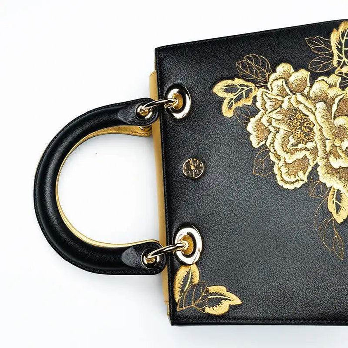 Black Leather Statement Bag: Gold Peony Art Embroidery | Luxury Gift