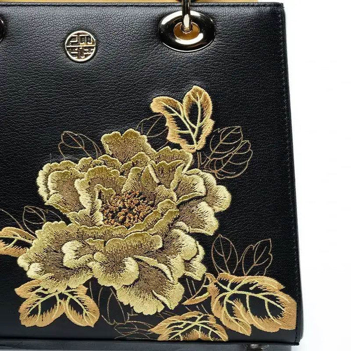 Black Leather Statement Bag: Gold Peony Art Embroidery | Luxury Gift
