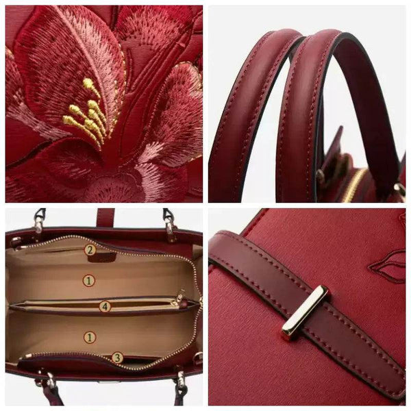 Luxury Artisan Red Magnolia Embroidered Leather Handbag - Gift for Her