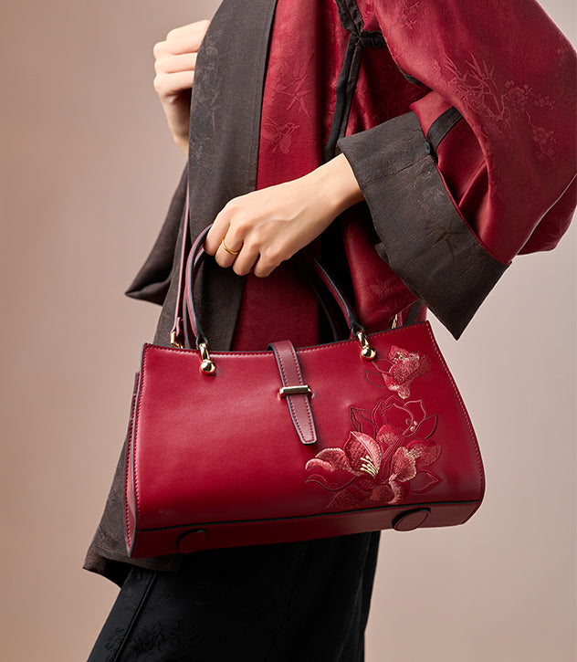 Red Magnolia Floral Embroidery Leather Women's Handbag | Sinocultural