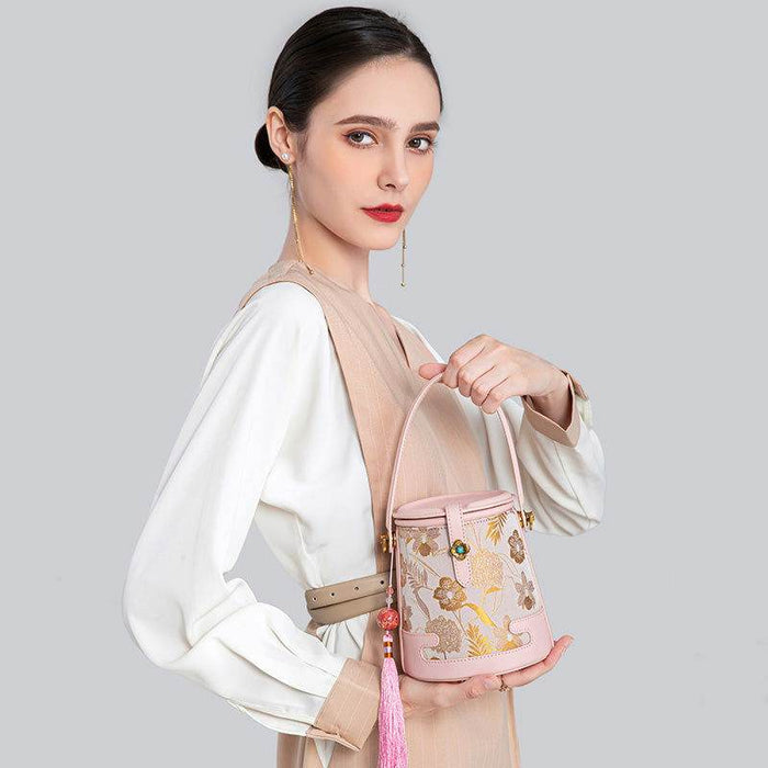 Grey Handcrafted Song Brocade Fragrant Cloud Silk Bucket Bag | Sinocultural